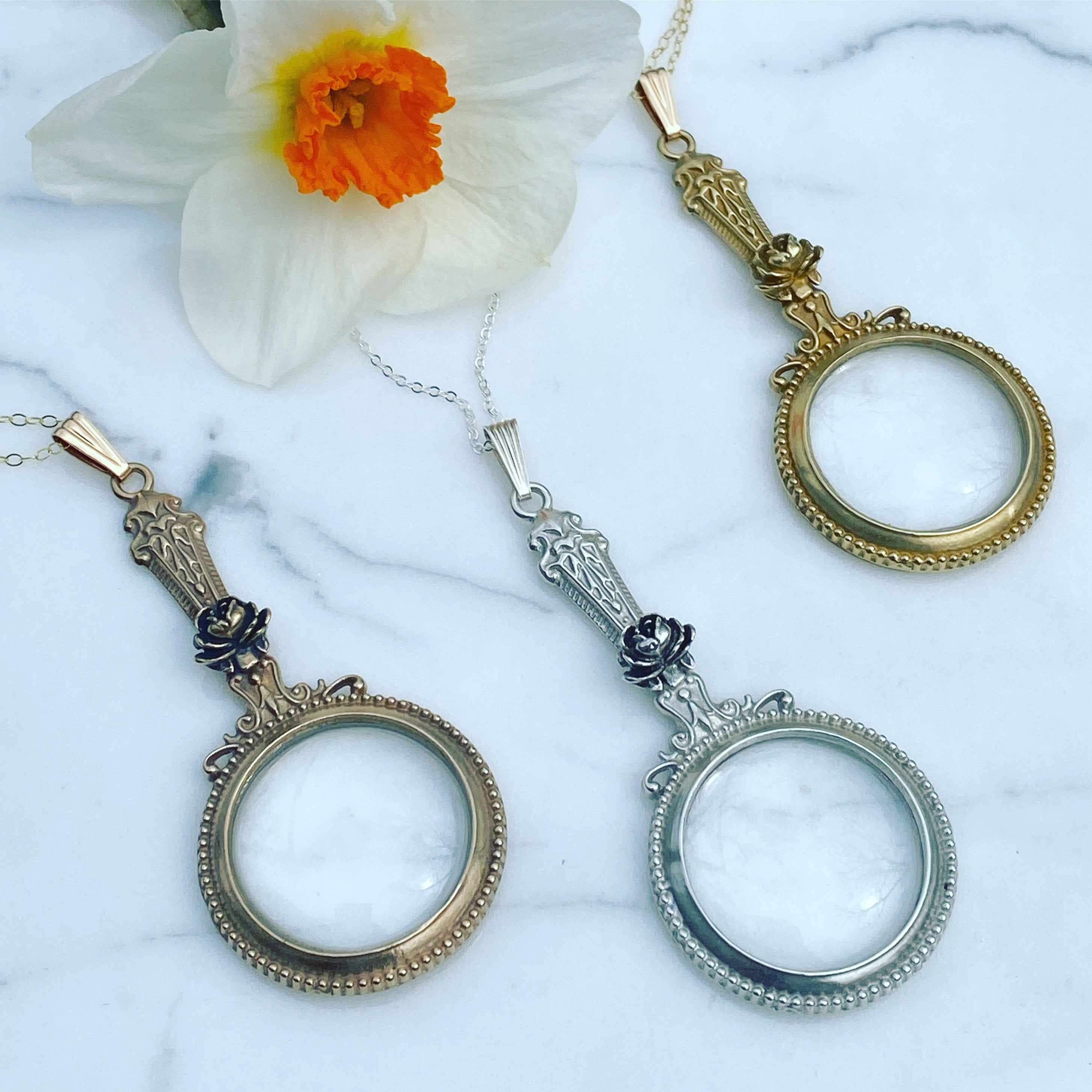 Floral Magnifying Glass Pendant Necklace / Handmade by Ivry Belle Jewelry