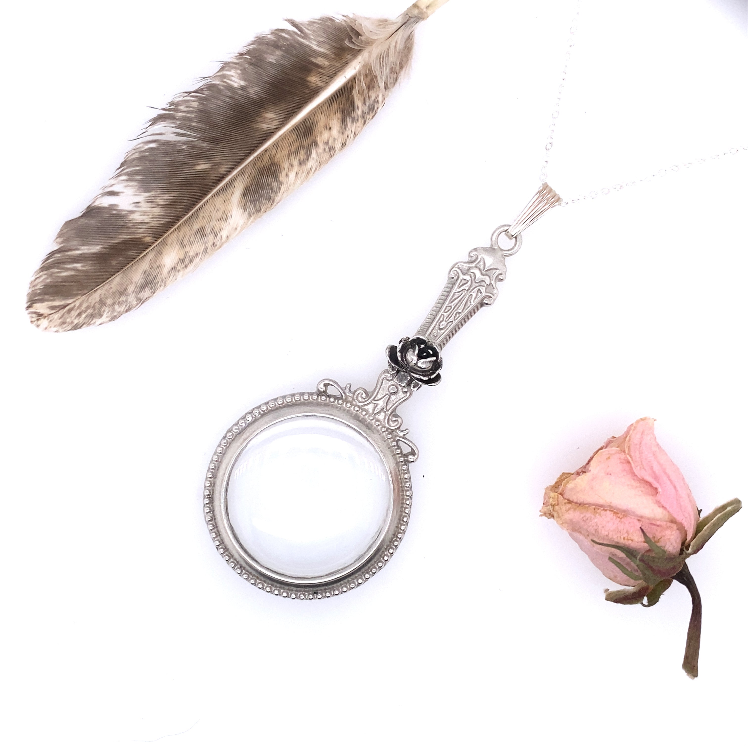 Rose Magnifying Glass Pendant Necklace / Handmade by Ivry Belle Jewelry